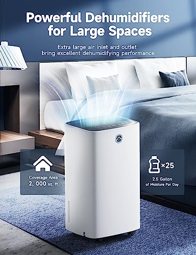 Dehumidifier for Home and Basement for 2000Sq.Ft, 25 Pints Dehumidifiers for bathroom, Large Room, Water Tank Capacity with Drain Hose, Intelligent Humidity Control, Childlock, Laundry Dry