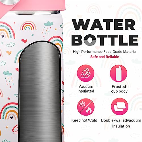 Charcy 12 oz Insulated Water Bottle for Kids, Portable Sports Water Cup Flask with Handle, Travel Thermos Mug, Pink adjustable lid - White Rainbow