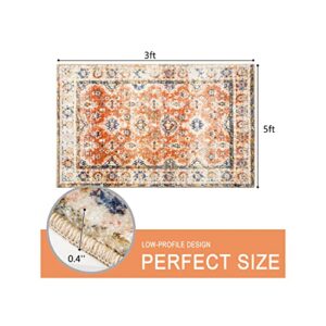 Vintage Tribal Area Rug Non Slip Machine Washable - 3x5 Distressed Persian Carpet Distressed Farmhouse Accent Throw Rugs for Kitchen Bedroom Entryway Indoor Living Room, Soft Faux Fur Low Pile Design