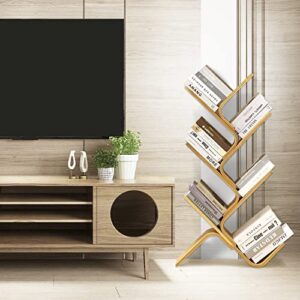 briteman 6-tier floor bamboo tree bookshelf, modern standing bookcase office book storage creative curved rack organizer shelves, book shelf space saver for home living room corner bedroom