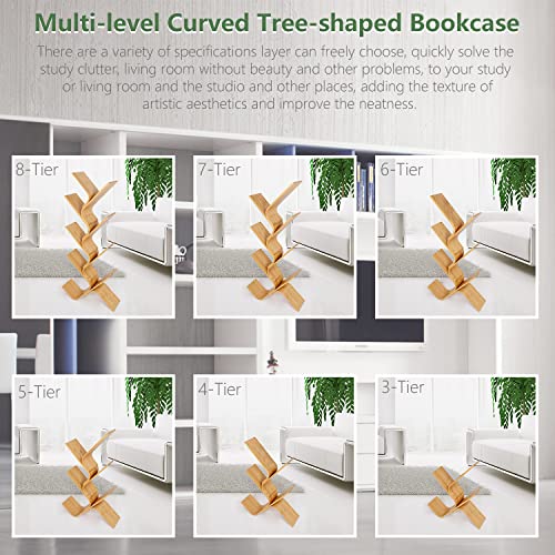 briteman 6-Tier Floor Bamboo Tree Bookshelf, Modern Standing Bookcase Office Book Storage Creative Curved Rack Organizer Shelves, Book Shelf Space Saver for Home Living Room Corner Bedroom