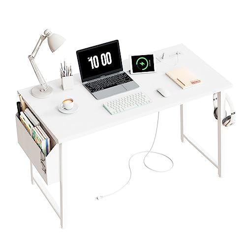 Lufeiya 39 inch White Computer Desk with Power Outlet, 40 inch Teen Study Table Home Office Work Writing Desks with Charging Station Outlets Built in, White