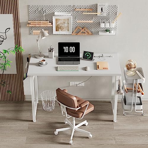 Lufeiya 39 inch White Computer Desk with Power Outlet, 40 inch Teen Study Table Home Office Work Writing Desks with Charging Station Outlets Built in, White