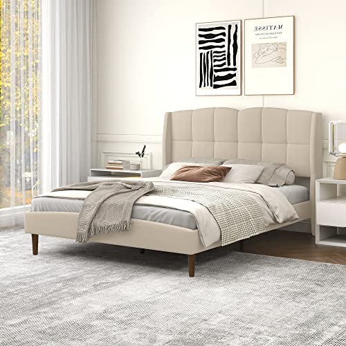 RYR Upholstered Platform Queen Size Bed Frame with Geometric Headboard,Wooden Slat Support Non-Slip Easy Assembly No Box Spring Required Beige Linen