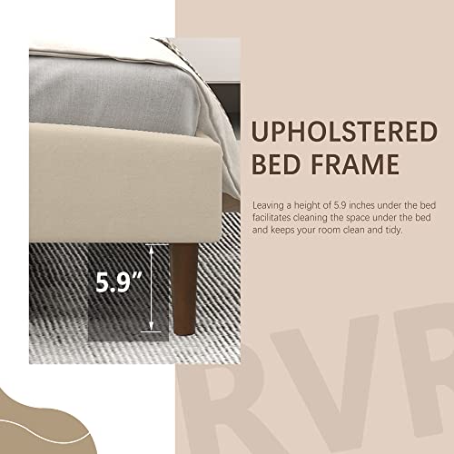 RYR Upholstered Platform Queen Size Bed Frame with Geometric Headboard,Wooden Slat Support Non-Slip Easy Assembly No Box Spring Required Beige Linen