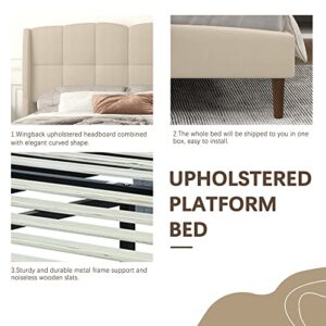 RYR Upholstered Platform Queen Size Bed Frame with Geometric Headboard,Wooden Slat Support Non-Slip Easy Assembly No Box Spring Required Beige Linen