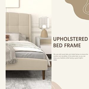 RYR Upholstered Platform Queen Size Bed Frame with Geometric Headboard,Wooden Slat Support Non-Slip Easy Assembly No Box Spring Required Beige Linen