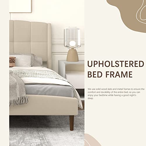 RYR Upholstered Platform Queen Size Bed Frame with Geometric Headboard,Wooden Slat Support Non-Slip Easy Assembly No Box Spring Required Beige Linen