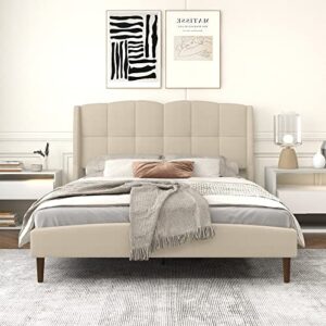 RYR Upholstered Platform Queen Size Bed Frame with Geometric Headboard,Wooden Slat Support Non-Slip Easy Assembly No Box Spring Required Beige Linen