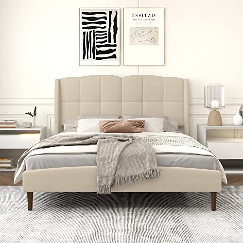 RYR Upholstered Platform Queen Size Bed Frame with Geometric Headboard,Wooden Slat Support Non-Slip Easy Assembly No Box Spring Required Beige Linen