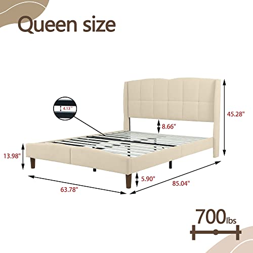 RYR Upholstered Platform Queen Size Bed Frame with Geometric Headboard,Wooden Slat Support Non-Slip Easy Assembly No Box Spring Required Beige Linen