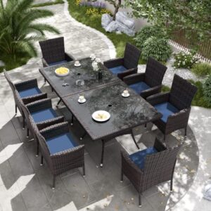 delnavik 10-piece patio outdoor dining set, wicker patio furniture set of 8 rattan chairs with soft cushions and two square table with umbrella cutout, navy blue