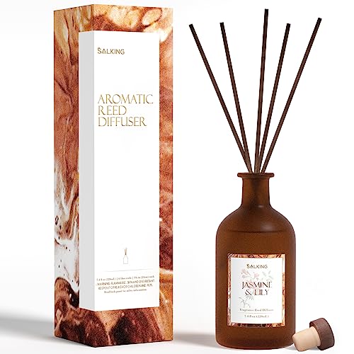 SALKING Jasmine & Lily Reed Diffusers for Home, 7.4oz Scented Diffuser with Sticks, Essential Oil Reed Diffuser Set for Bathroom, Home Fragrance Oil Diffuser Sticks Set, New Home Gifts, Home Décor