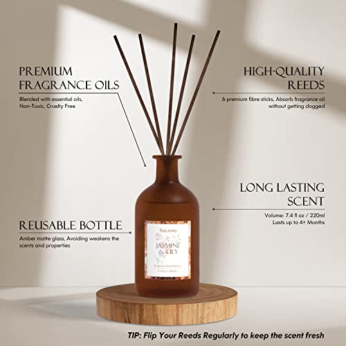 SALKING Jasmine & Lily Reed Diffusers for Home, 7.4oz Scented Diffuser with Sticks, Essential Oil Reed Diffuser Set for Bathroom, Home Fragrance Oil Diffuser Sticks Set, New Home Gifts, Home Décor