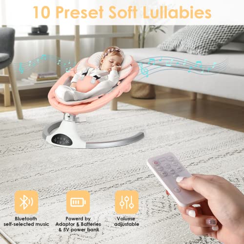 Baby Swing for Infants, Baby Rocker with 5 Point Harness, Bluetooth Support Baby Swing, 10 Preset Lullabies. 3 Speed Natural Baby Swing, Infant Swing with Remote Control and 3 Hanging Toys, Pink