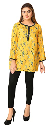 IshDeena Indian Kurti Tops for Women, Kurta Tops for Women, Kurtis for Women Indian Style Tunic Tops for Women Loose Fit (Medium/Yellow)