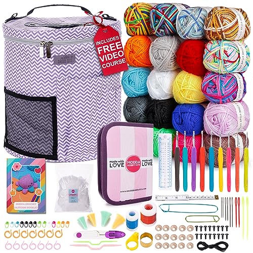 MODDA Crochet Kit for Beginners Adults and Kids - with Video Course - Make Amigurumi and Crocheting Kit Projects - Beginner Crochet Kit Includes 20 Colors Yarn, Hooks, Book, Patterns and Crochet Bag