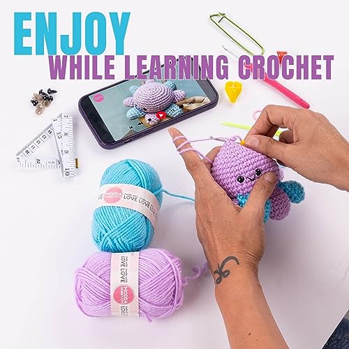 MODDA Crochet Kit for Beginners Adults and Kids - with Video Course - Make Amigurumi and Crocheting Kit Projects - Beginner Crochet Kit Includes 20 Colors Yarn, Hooks, Book, Patterns and Crochet Bag