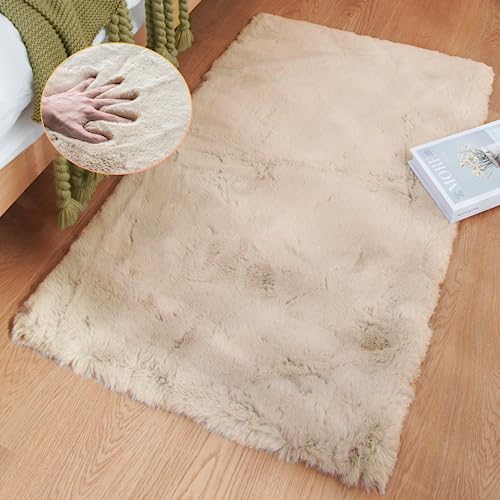 ORINOVA Beige Plush Faux Rabbit Shaggy Fur Rugs for Bedroom Small Shag Washable Fluffy Fur Rug for Living Room Fuax Sheepskin Rug 2x3 Nursery Rectange Rug