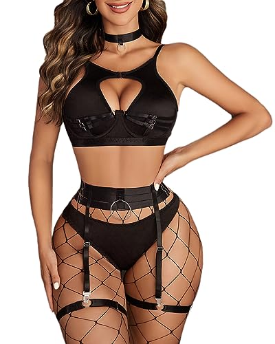 Avidlove Sexy Lingerie Set for Women with Underwire Bondaged Lingerie Set Strappy Push Up 5 Piece Garter Lingerie Set(No Stockings) Black