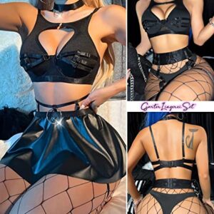 Avidlove Sexy Lingerie Set for Women with Underwire Bondaged Lingerie Set Strappy Push Up 5 Piece Garter Lingerie Set(No Stockings) Black