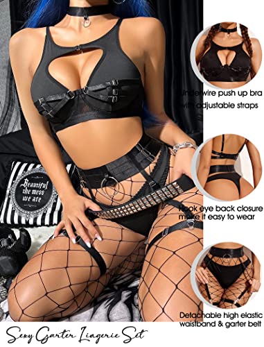 Avidlove Sexy Lingerie Set for Women with Underwire Bondaged Lingerie Set Strappy Push Up 5 Piece Garter Lingerie Set(No Stockings) Black