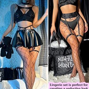 Avidlove Sexy Lingerie Set for Women with Underwire Bondaged Lingerie Set Strappy Push Up 5 Piece Garter Lingerie Set(No Stockings) Black