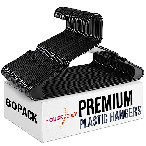 HOUSE DAY Black Plastic Hangers 60 Pack, Plastic Clothes Hangers Space Saving, Sturdy Clothing Notched Hangers, Heavy Duty Coat Hangers for Closet, Laundry Hangers for Adult Coat, Suit, Shirt, Dress