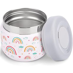 charcy 9oz kids stainless steel vacuum insulated food jar, wide mouth leak-proof soup thermos, container set for 8h hot and 6h cold - white rainbow