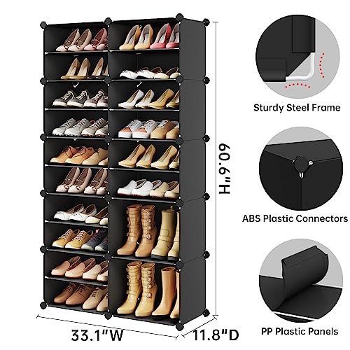 MAGINELS Shoe Rack, 40 Pair Shoe Organizer Cubby, 10 Tier Shoe Storage Cabinet, Plastic Shoe Shelf for Closet, Entryway, Garage, Hallway, Bedroom, Black