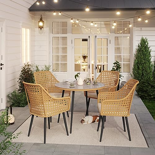 Verano Garden 5 Pieces Outdoor Dining Set, Patio Wicker Dining Chairs and Round Table Set for 4, Rust-Resistant Steel Frame Dining Set W/Umbrella Hole for Backyard, Porch, Garden, Lawn