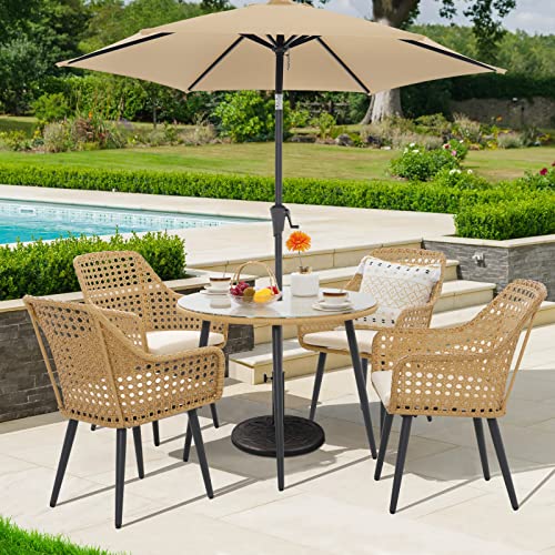 Verano Garden 5 Pieces Outdoor Dining Set, Patio Wicker Dining Chairs and Round Table Set for 4, Rust-Resistant Steel Frame Dining Set W/Umbrella Hole for Backyard, Porch, Garden, Lawn