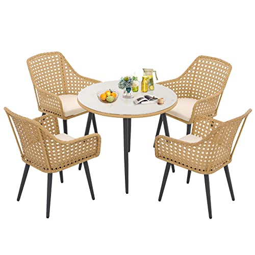 Verano Garden 5 Pieces Outdoor Dining Set, Patio Wicker Dining Chairs and Round Table Set for 4, Rust-Resistant Steel Frame Dining Set W/Umbrella Hole for Backyard, Porch, Garden, Lawn