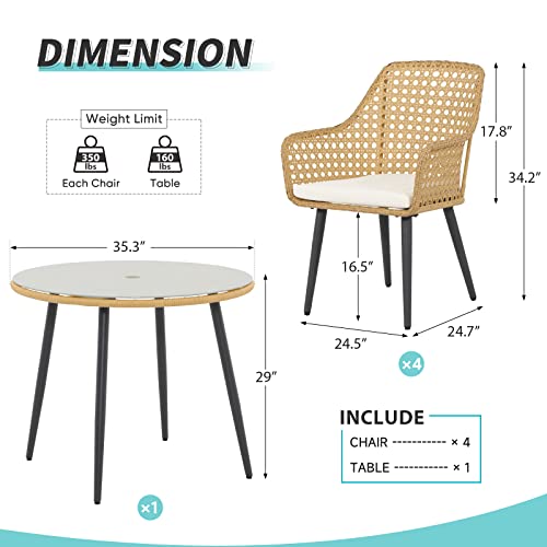 Verano Garden 5 Pieces Outdoor Dining Set, Patio Wicker Dining Chairs and Round Table Set for 4, Rust-Resistant Steel Frame Dining Set W/Umbrella Hole for Backyard, Porch, Garden, Lawn