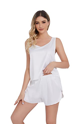 ACEAHIHA Satin Pajamas Set for Women U-neck Tank Top and Shorts Sleepwear Silk Pj Set S-XXL(as1, alpha, m, regular,regular, White)