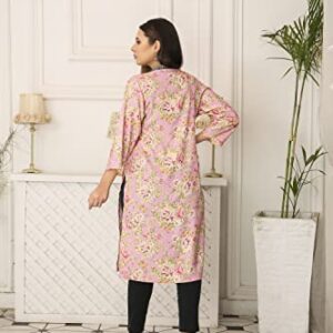 IshDeena Pakistani Kurtis for Women Indian Style - Kurta Tops M to Plus Size, Printed Soft Linen Shirts, Casual & Festive (3X-Large/Pastel Pink)