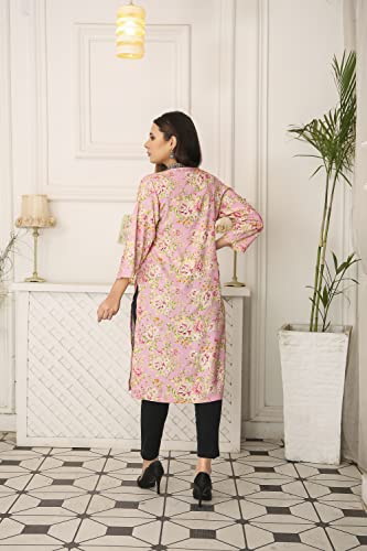 IshDeena Pakistani Kurtis for Women Indian Style - Kurta Tops M to Plus Size, Printed Soft Linen Shirts, Casual & Festive (3X-Large/Pastel Pink)