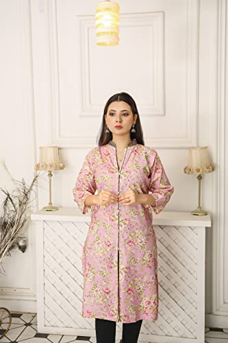 IshDeena Pakistani Kurtis for Women Indian Style - Kurta Tops M to Plus Size, Printed Soft Linen Shirts, Casual & Festive (3X-Large/Pastel Pink)