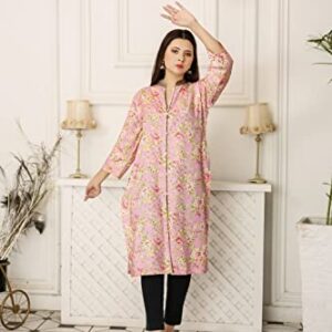 IshDeena Pakistani Kurtis for Women Indian Style - Kurta Tops M to Plus Size, Printed Soft Linen Shirts, Casual & Festive (3X-Large/Pastel Pink)