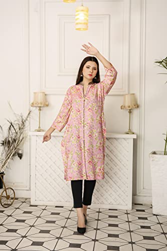 IshDeena Pakistani Kurtis for Women Indian Style - Kurta Tops M to Plus Size, Printed Soft Linen Shirts, Casual & Festive (3X-Large/Pastel Pink)