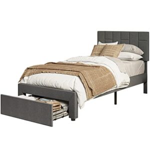 LIKIMIO Twin Bed Frame with XL Under-Bed Drawer, Platform Upholstered with Headboard, No Box Spring Needed/Noise-Free, Grey