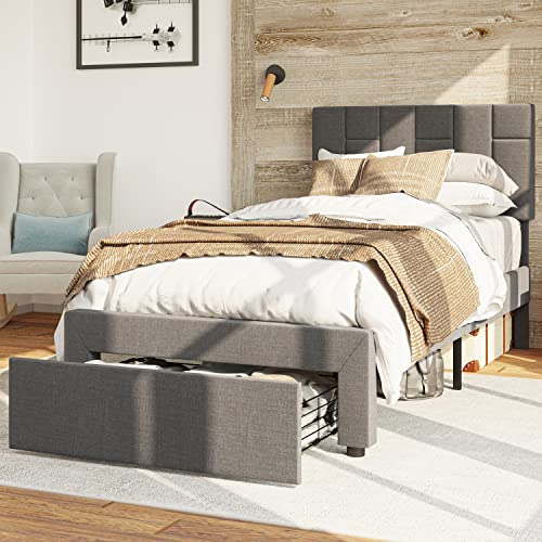 LIKIMIO Twin Bed Frame with XL Under-Bed Drawer, Platform Upholstered with Headboard, No Box Spring Needed/Noise-Free, Grey