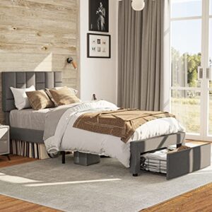 LIKIMIO Twin Bed Frame with XL Under-Bed Drawer, Platform Upholstered with Headboard, No Box Spring Needed/Noise-Free, Grey