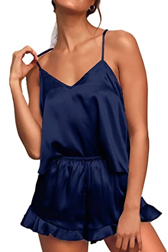 FOSHPOT Silk Pajamas for Women Satin Pajamas Women with Cami Top Ruffle Shorts Pjs Sets Sexy Softer Bridal Gifts Navy Blue