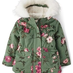 The Children's Place Baby Toddler Girl Heavy-Weight Winter Parka Jacket, Water-resitant, Sherpa Lined, Faux Fur Hood, Eucalyptus Leaf, 5T