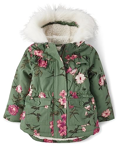 The Children's Place Baby Toddler Girl Heavy-Weight Winter Parka Jacket, Water-resitant, Sherpa Lined, Faux Fur Hood, Eucalyptus Leaf, 5T