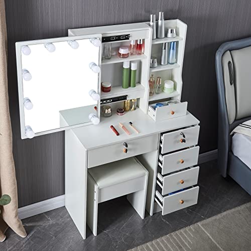 Jansaimei White Vanity Table Set with Mirror and Lights and 3 Color Light Settings, Makeup Vanity Desk Multiple Drawers Capacity with Chair and Mirror. Dressing Table for Girls and Women.