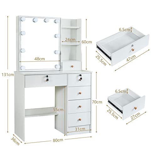 Jansaimei White Vanity Table Set with Mirror and Lights and 3 Color Light Settings, Makeup Vanity Desk Multiple Drawers Capacity with Chair and Mirror. Dressing Table for Girls and Women.