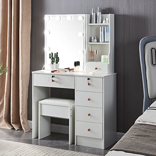 Jansaimei White Vanity Table Set with Mirror and Lights and 3 Color Light Settings, Makeup Vanity Desk Multiple Drawers Capacity with Chair and Mirror. Dressing Table for Girls and Women.