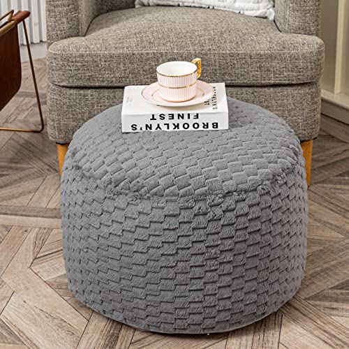 Fur Ottoman Stool Unstuffed ,Footstool Cover, Floor Pouf, Foot Rest,20x20x12 Inches Round Poof Seat, Floor Bean Bag Chair,Foldable Floor Chair Storage for Living Room, Bedroom (Solid Grey Pouf Cover)